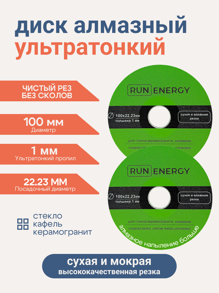Диск алмазный отрезной 2 шт (алмазное покрытие 30 мм) 100х22.23х1мм
