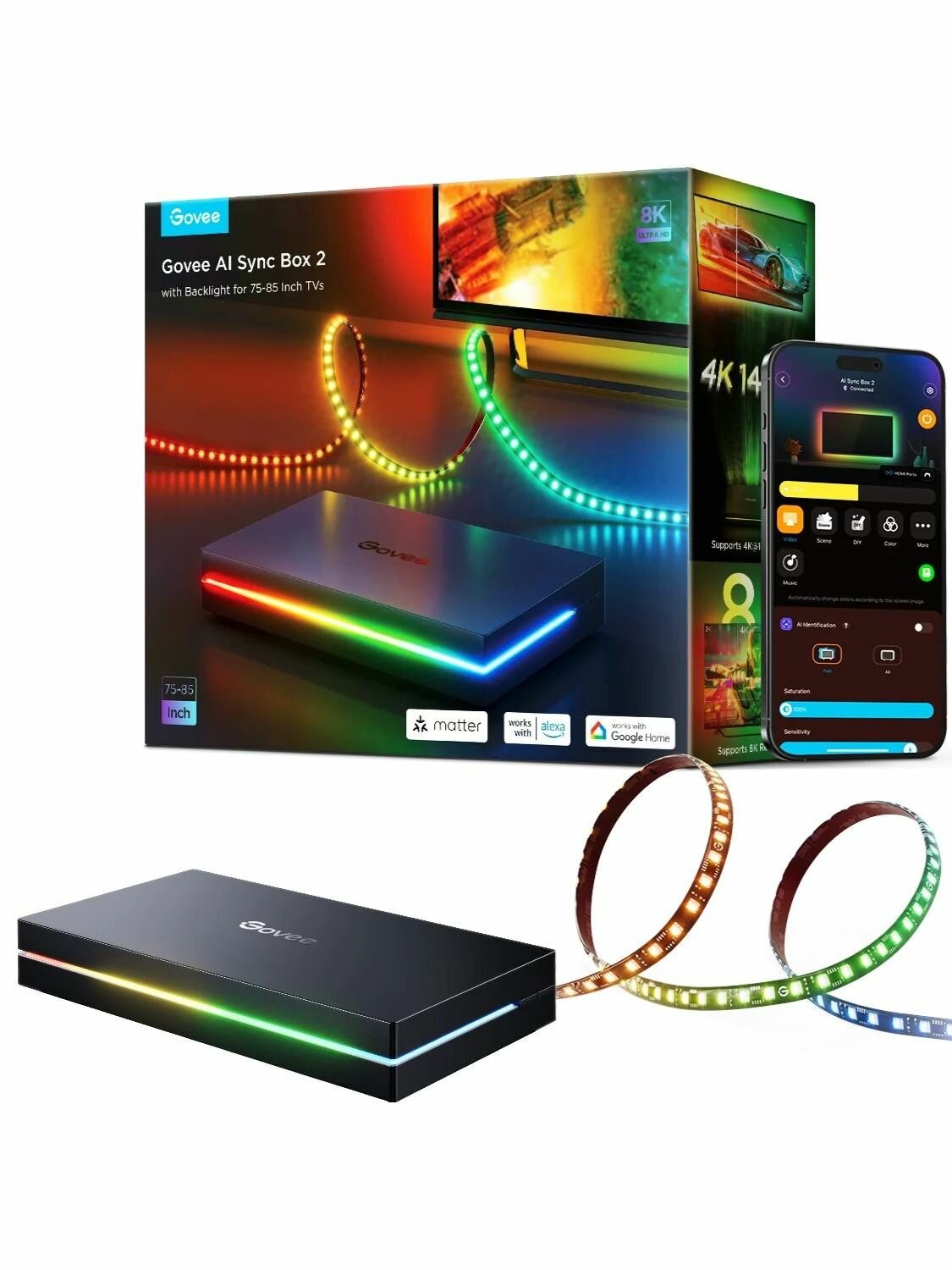Подсветка для телевизора с функцией искусственного интеллекта Govee AI Sync Box V2, диагональ 75-85, H6604313