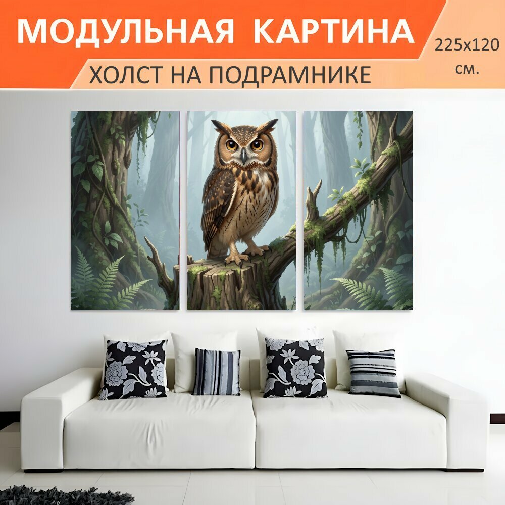 Модульная картина на холсте "Сова в мистическом лесу. Хищная птица на старом пне среди туманной чащи, окружённой мхом, папоротниками." триптих на подрамнике 225х120 см. для интерьера
