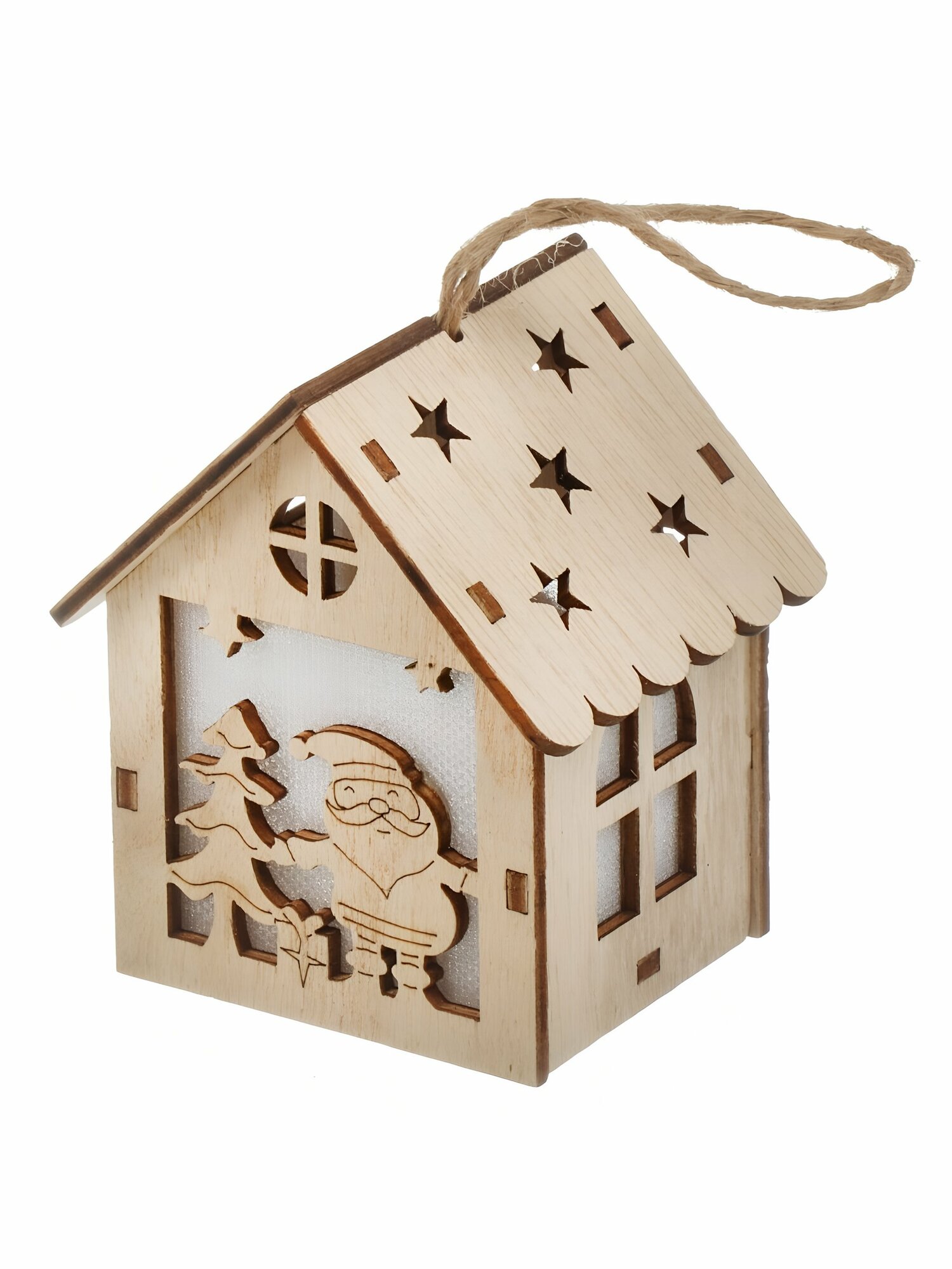 Елочное украшение Эко коллекция Домик с гномиком, 6x8.7 см, МДФ, с подсветкой, бежевый, небьющийся, для уличной елки