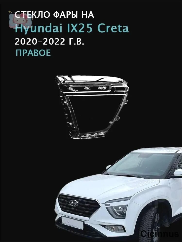 Стекло фары, арт. Линза фары для Hyundai IX25 Creta (2020-2022), одна (правая), изготовлена из поликарбоната с защитой от УФ-излучения, 1 шт, 1 шт.