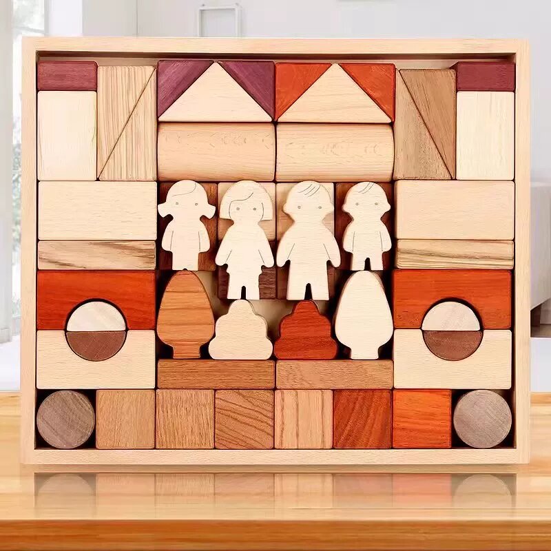 Набор больших деревянных блоков с коробкой Happy Family для обучения малышей 0-3 лет