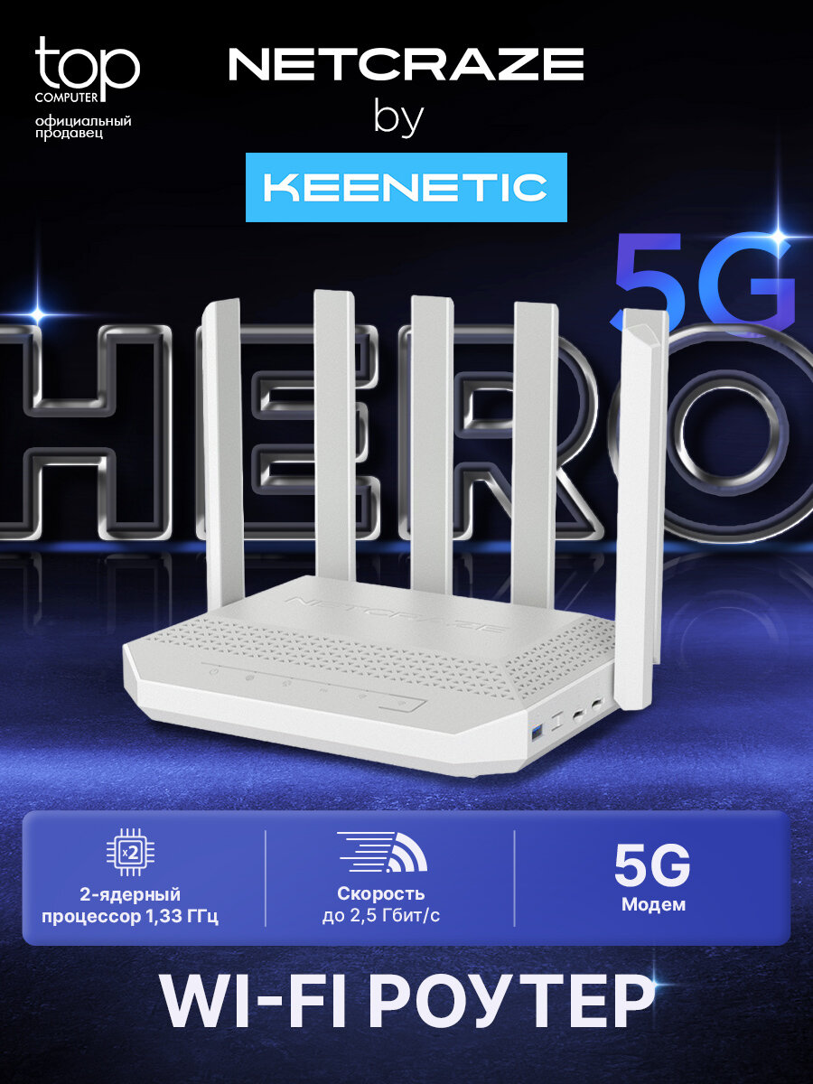 Маршрутизатор Netcraz Hero 5G NC-4110, 2,4 + 5 ГГц, 2G/3G/4G/5G, белый