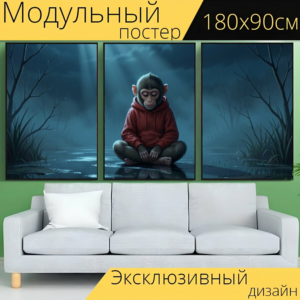 Модульный постер "Медитирующая обезьяна под луной. Сюрреалистичная ночная сцена: примат в красном худи сидит в воде, вокруг туманные." 180 x 90 см. для интерьера на стену в тубусе
