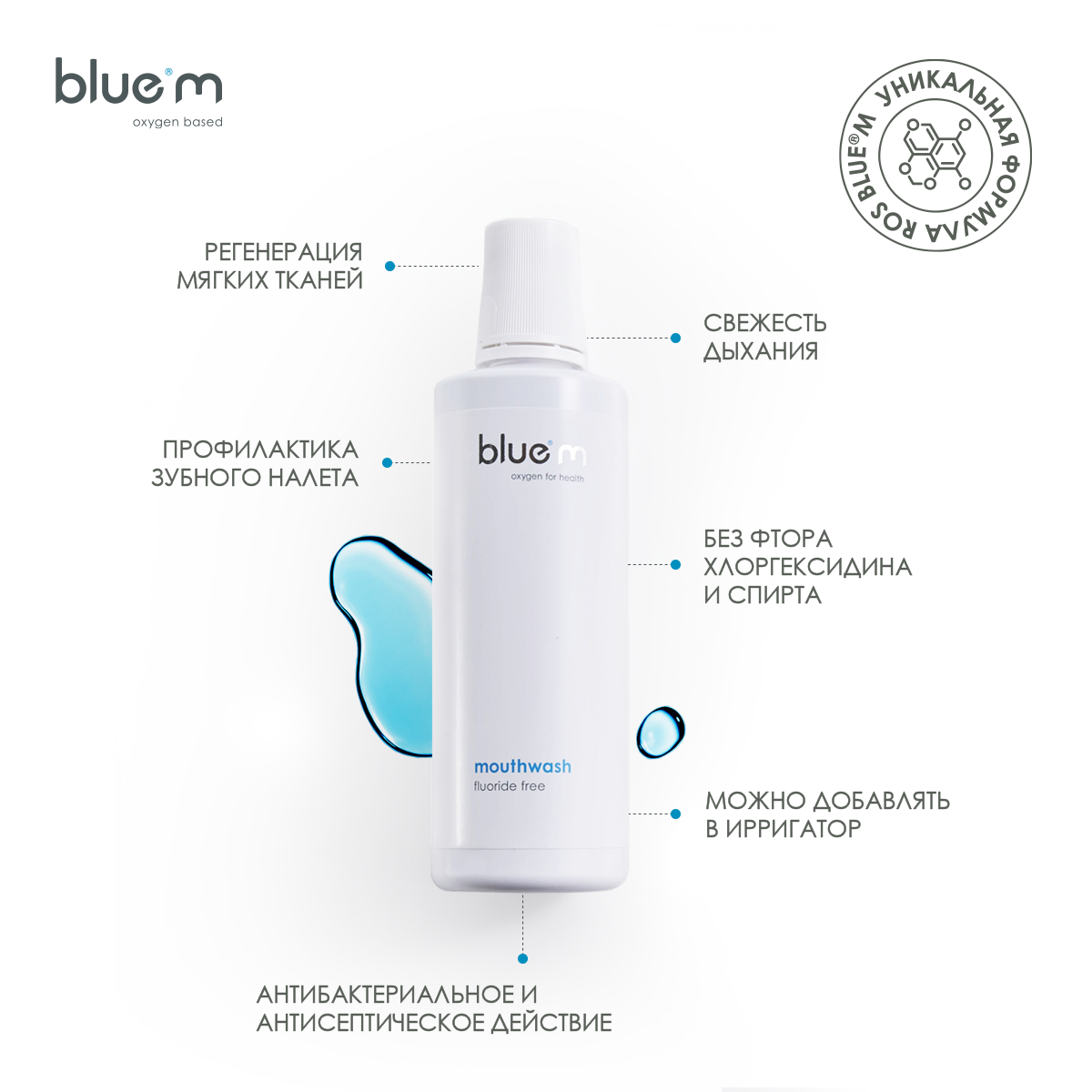 Ополаскиватель Blue®M, с активным кислородом и лактоферрином, вкус мята, 250мл