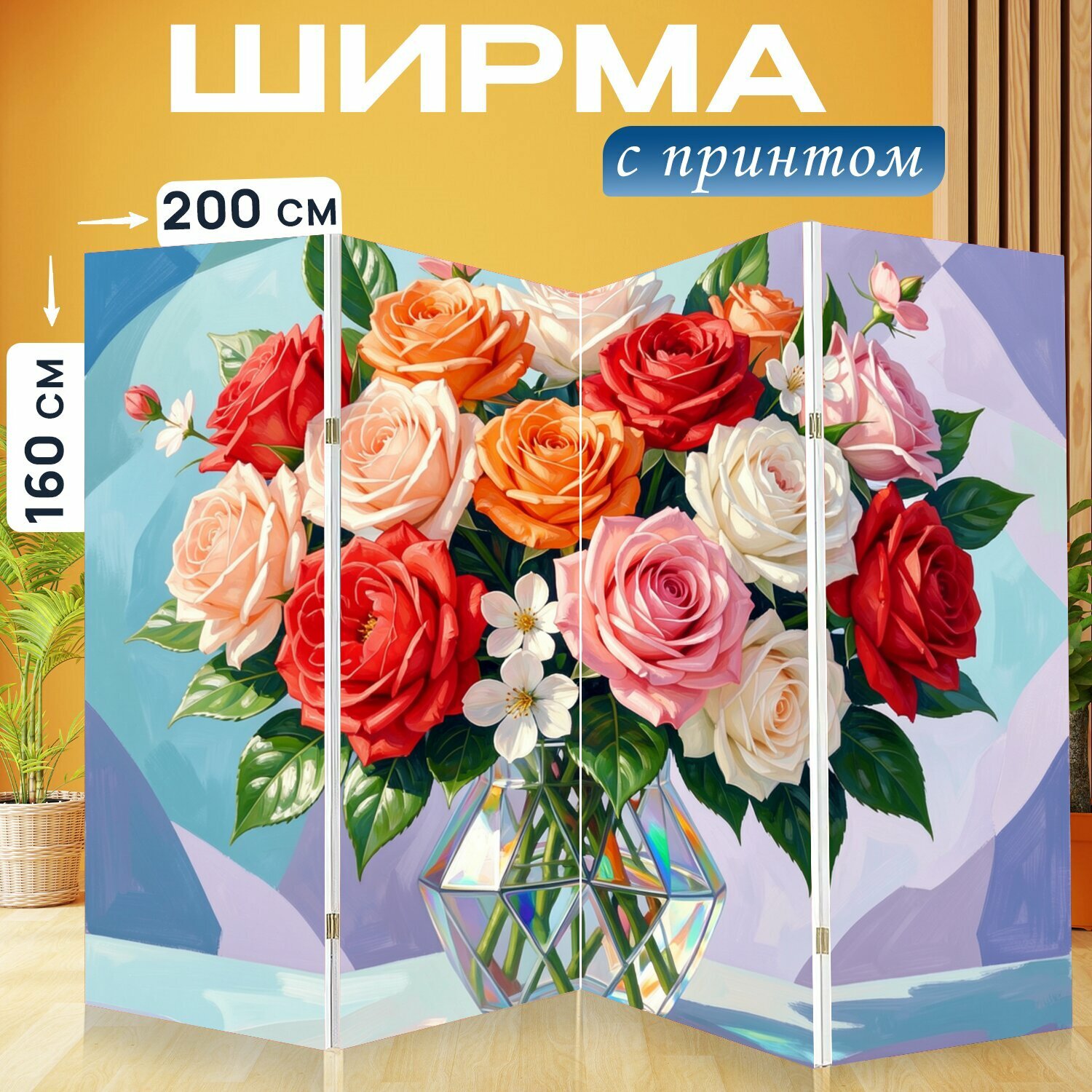 Ширма "Яркий букет роз в вазе. Пышная цветочная композиция из алых, розовых, белых и оранжевых бутонов в." перегородка для зонирования комнаты с принтом 200x160 см. на холсте