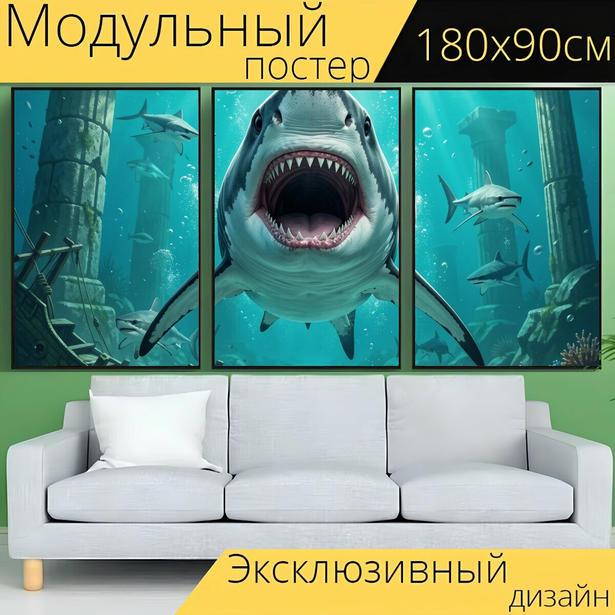Модульный постер "Акула в подводных руинах. Подводная сцена с гигантской хищной рыбой, древними колоннами, кораллами и затонувшим." 180 x 90 см. для интерьера на стену в тубусе
