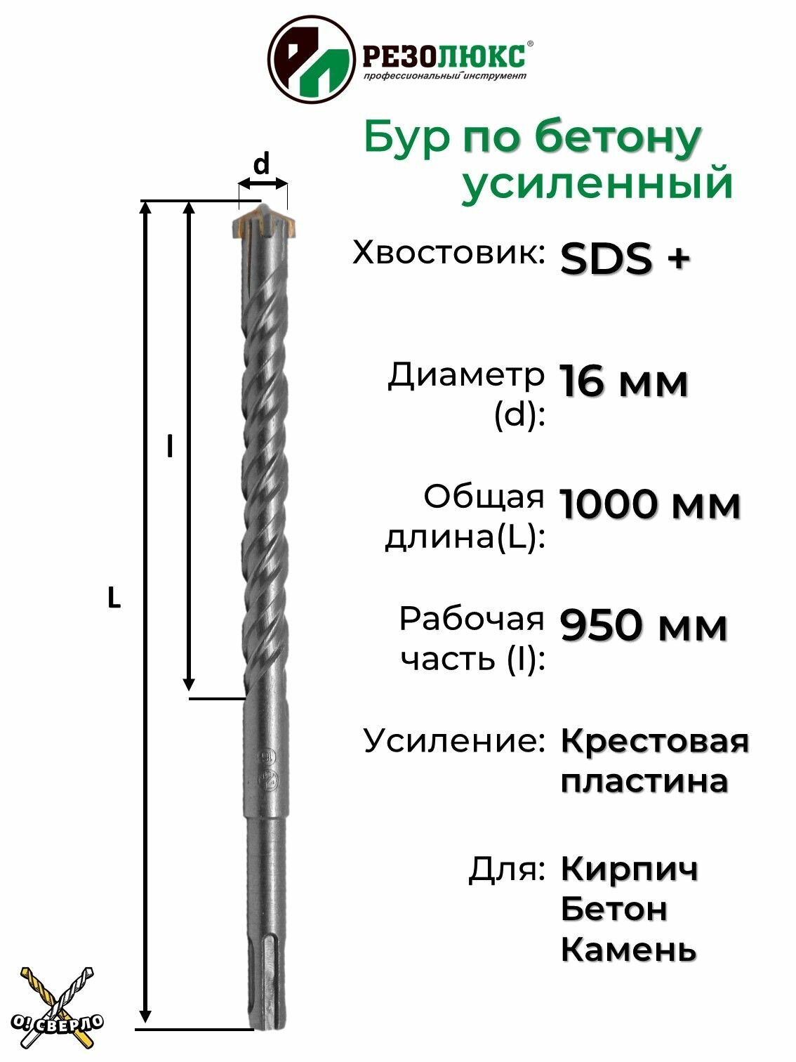 Бур по бетону d 16 L1000 SDS+ усиленный для перфораторов и ударных дрелей резолюкс