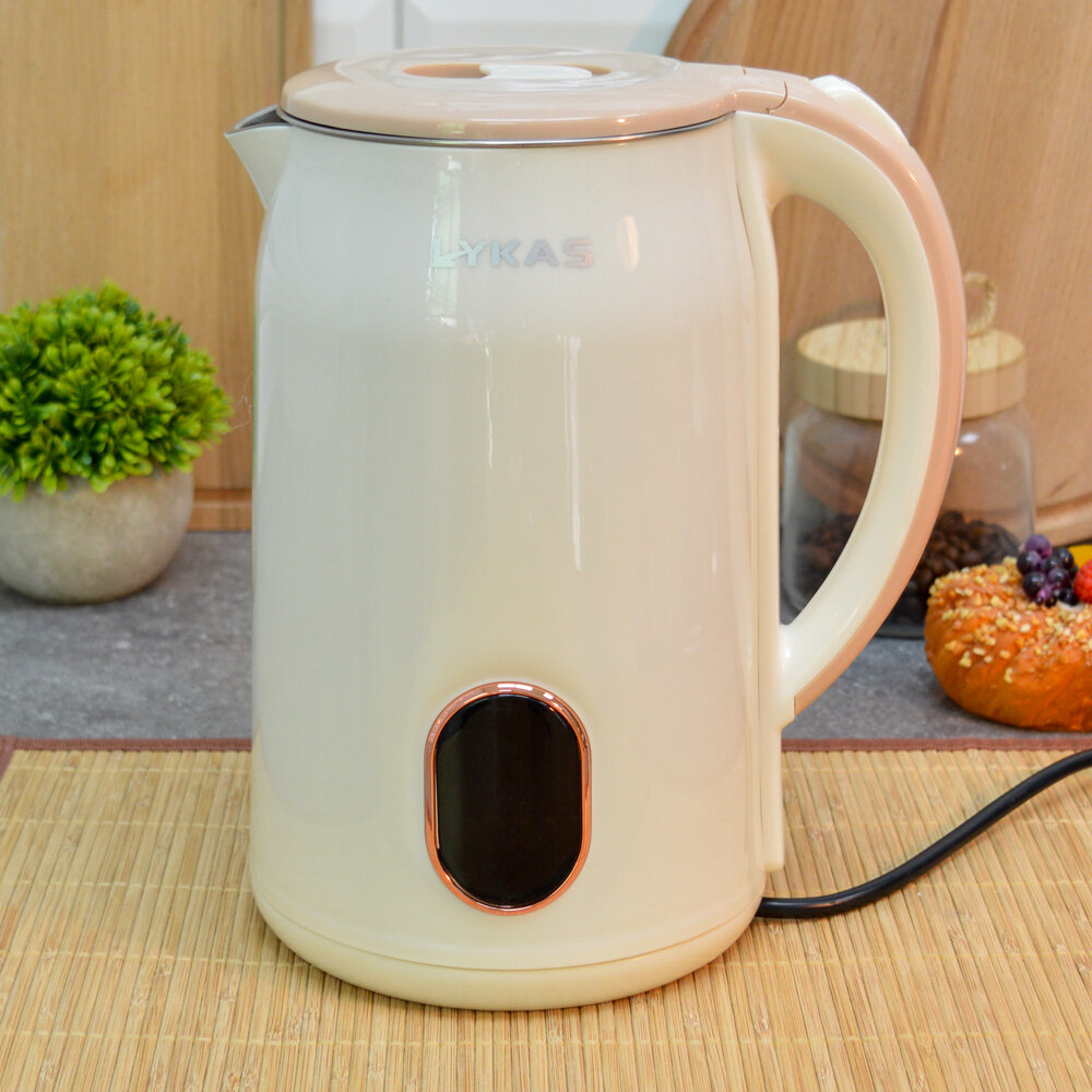 Чайник электрический "Lykas" L-P06, объем 2л, из стекла и пластика, для быстрого кипячения воды дома и в офисе