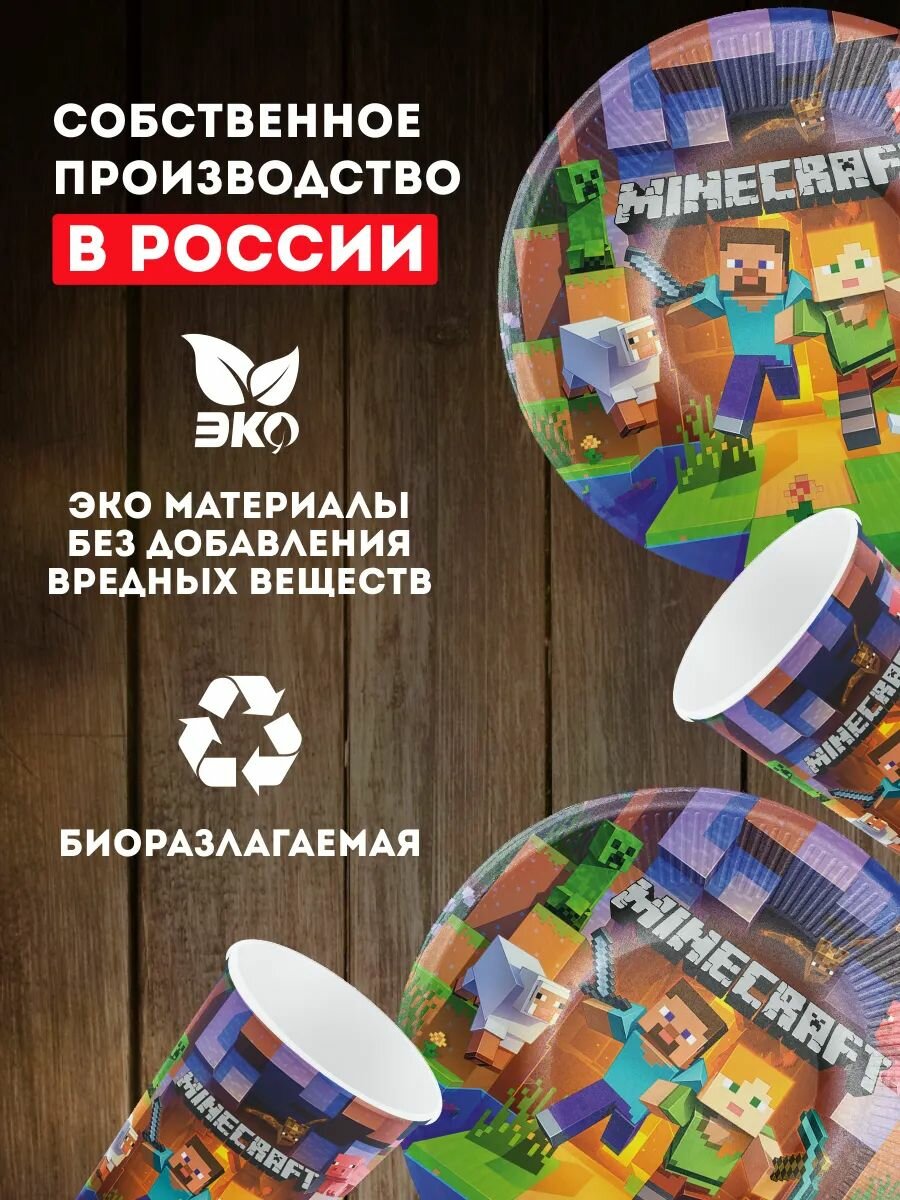 Одноразовая посуда для праздника на день рождения, детская Майнкрафт Minecraft. Одноразовые тарелки и стаканы. Набор для пикника, 12 персон. Сервировка праздничного стола.