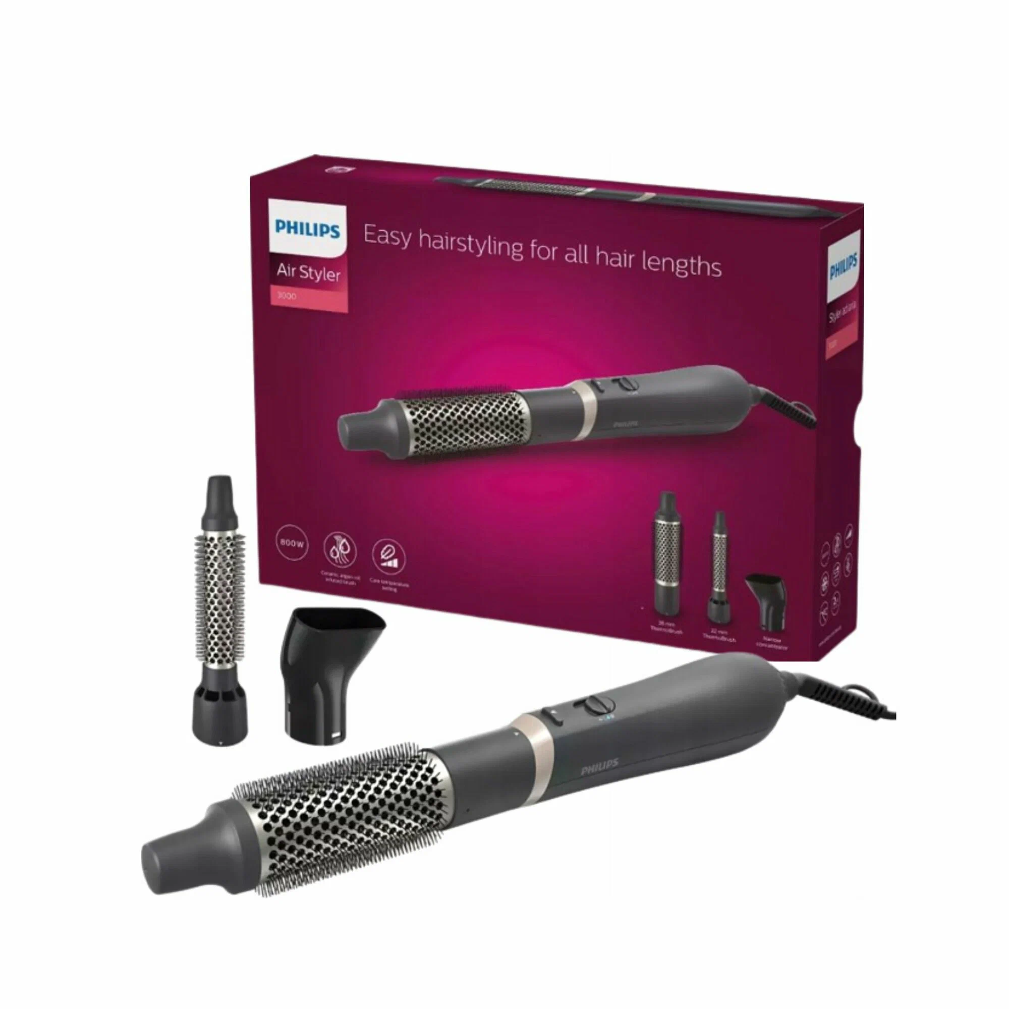 Philips Фен-щетка для волос BHA301/00 800 Вт, скоростей 2, кол-во насадок 3, черный