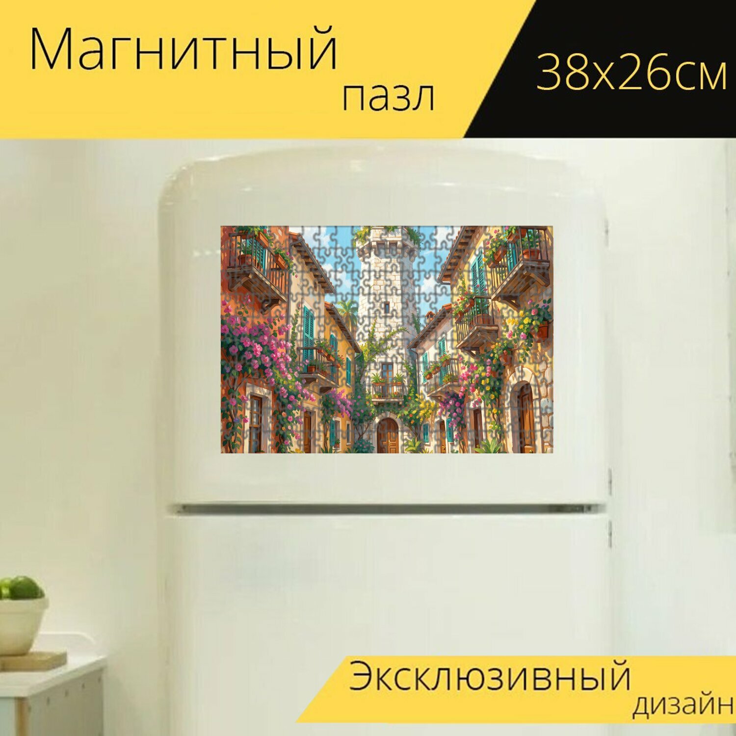 Магнитный пазл "Средиземноморская улочка с башней. Солнечный старинный переулок в средиземноморском стиле: каменная башня, уютные дома с балконами." для интерьера, 38х26 см.