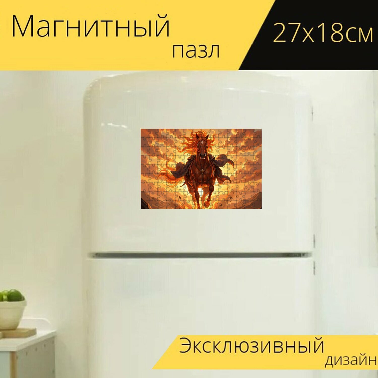 Магнитный пазл "Огненный конь на закате. Мощный скакун мчится навстречу свету, грива и пламя развеваются на ветру. Фэнтезийная иллюстрация в теплых." на холодильник 27 x 18 см.