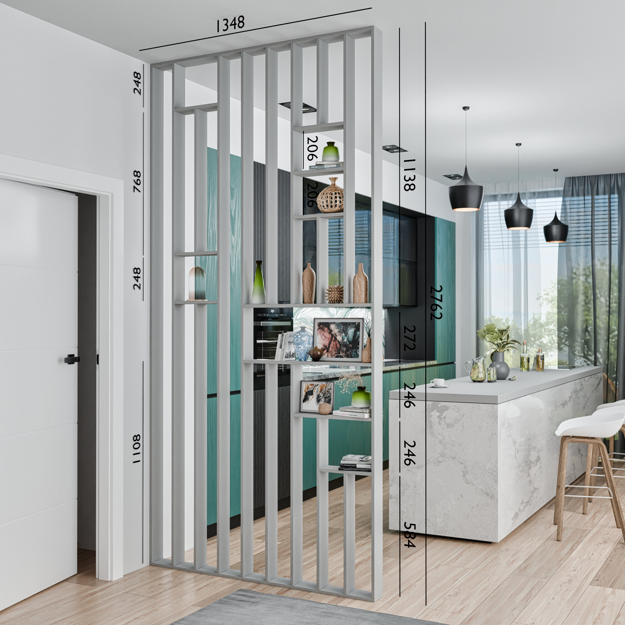 Реечная перегородка для зонирования пространства 1348 мм, Светло-серый, ЛДСП