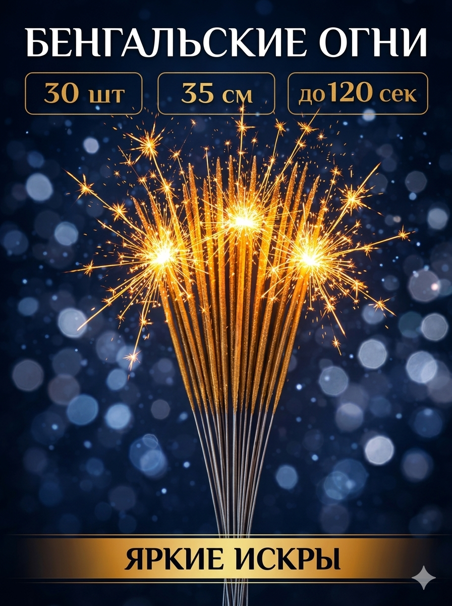 Бенгальский огонь декорированный золотом длина 35 см 120 сек