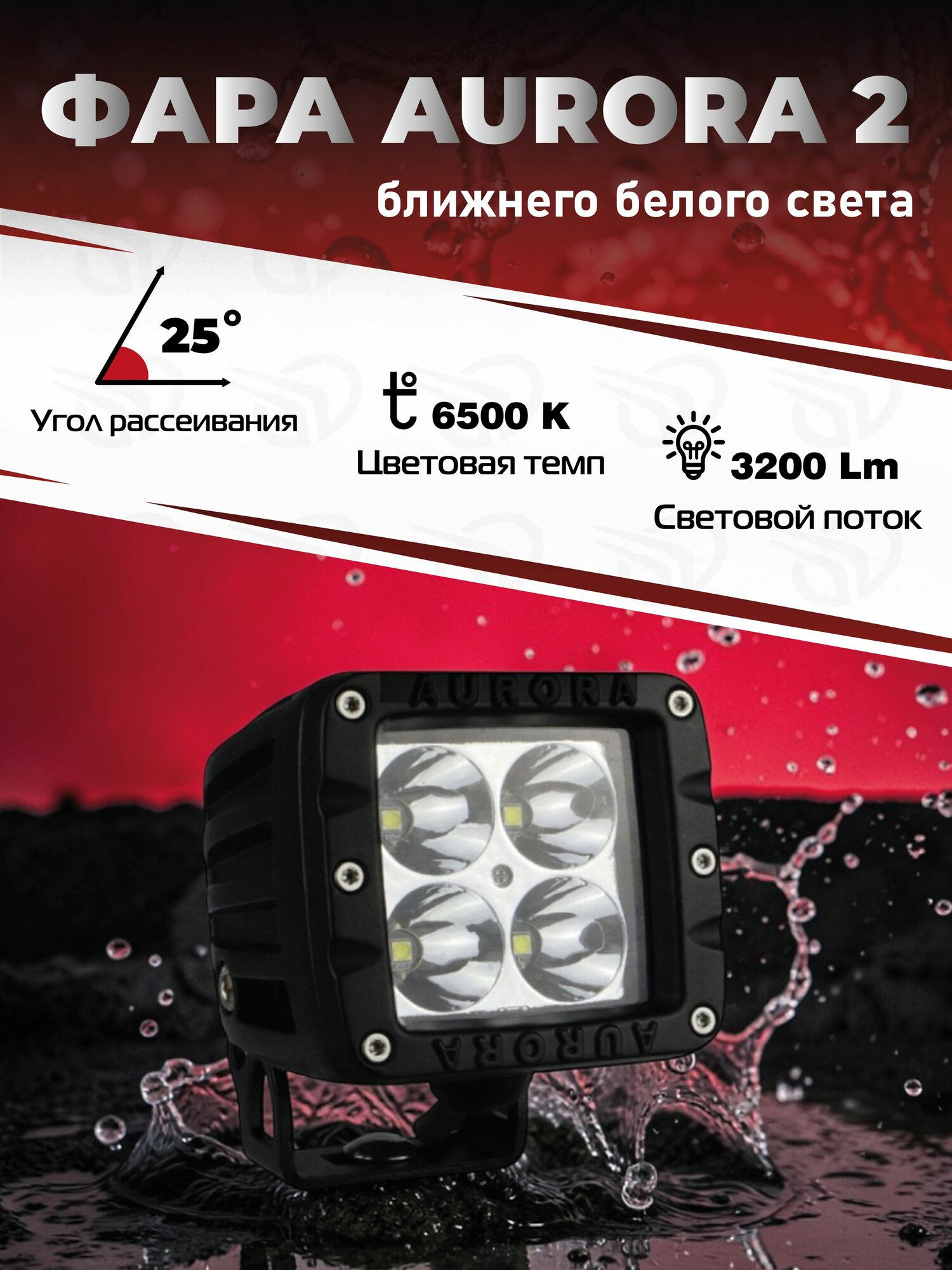 Фара Aurora 2 ближний свет, черная