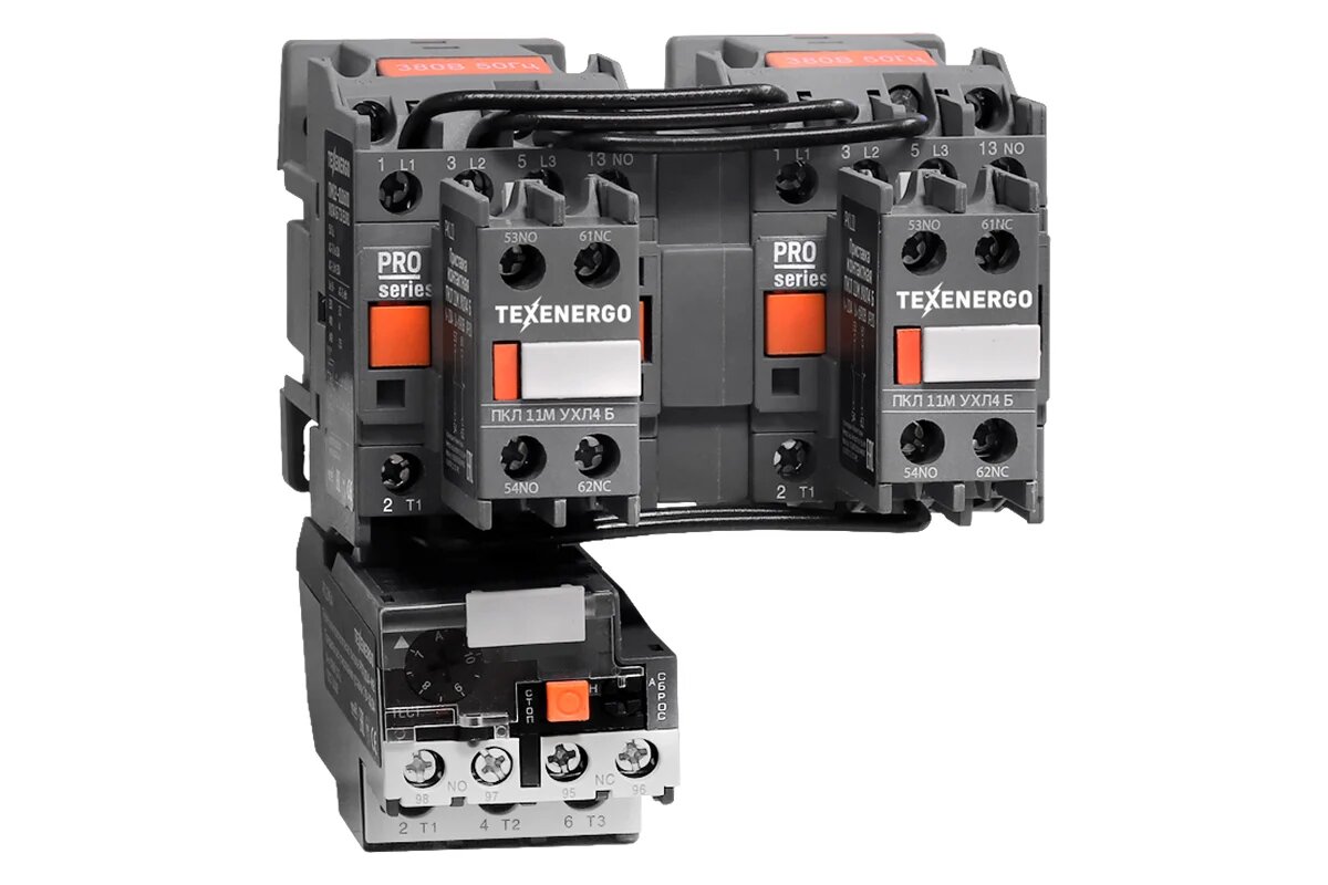 Пускатель магнитный Texenergo ПМ12 220В 6.3А УХЛ4 с тепловым реле РТЛ1014-М2, модульный, реверсивный, IP00, установка на DIN-рейку, термостойкий пластик, три полюса