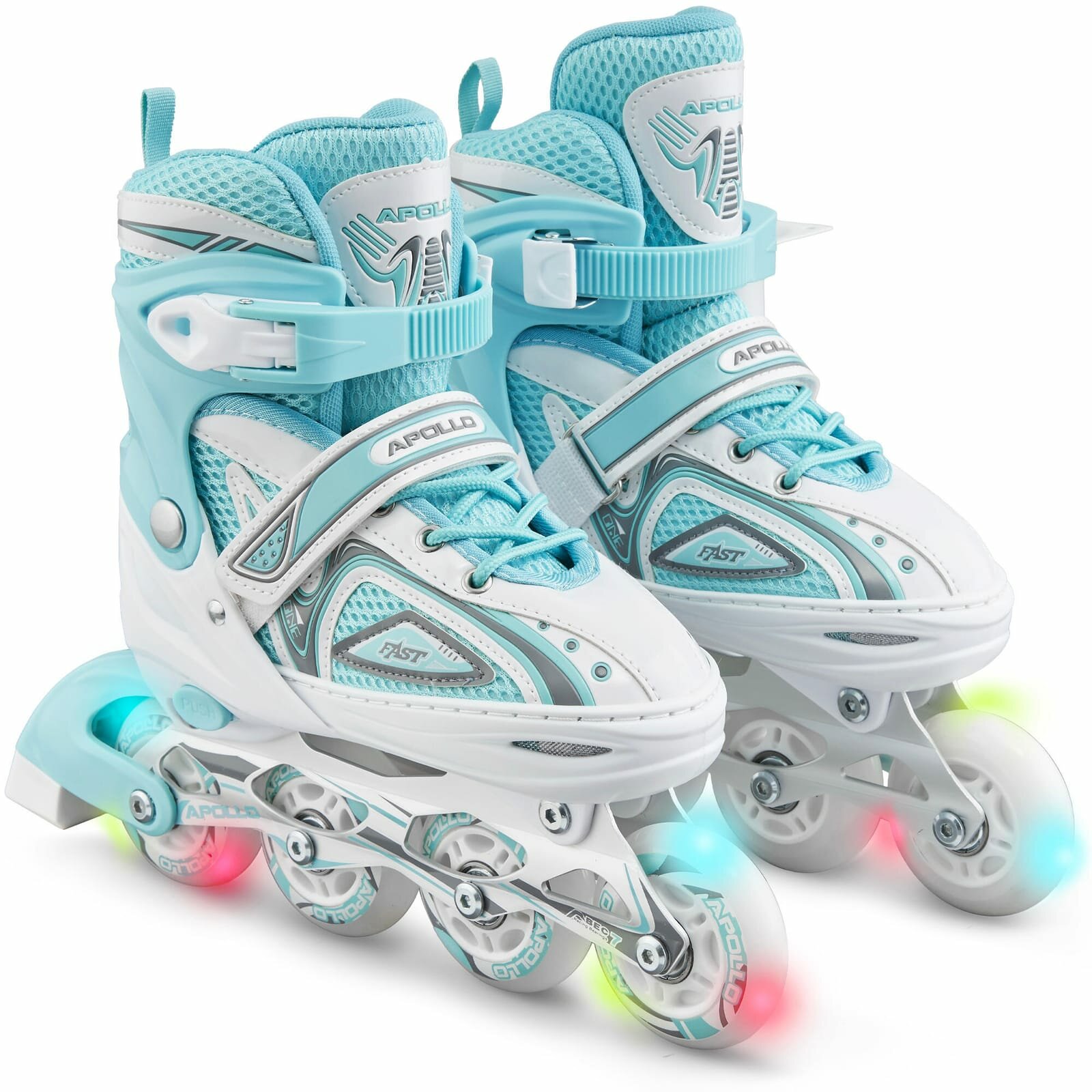 DECATHLON ролики Apollo Super Blade LED ABEC7, регулируемые детские, белый/бирюзовый, размер 35