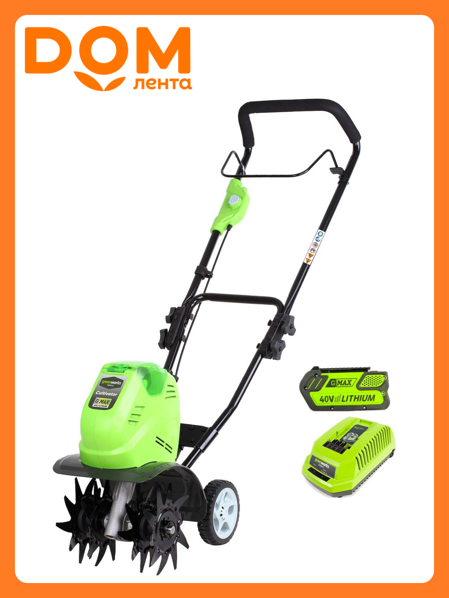 Аккумуляторный культиватор Greenworks, 40В, 4Ач + ЗУ, ширина 25см, глубина 15см