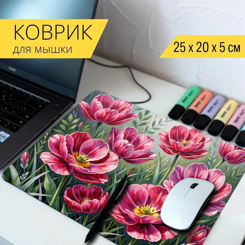 Коврик для мыши с принтом "Розовые цветы в летнем поле. Живописная летняя композиция с крупными розово-малиновыми бутонами среди зелёной травы и нежных стеблей, пастельная." 25x20см.
