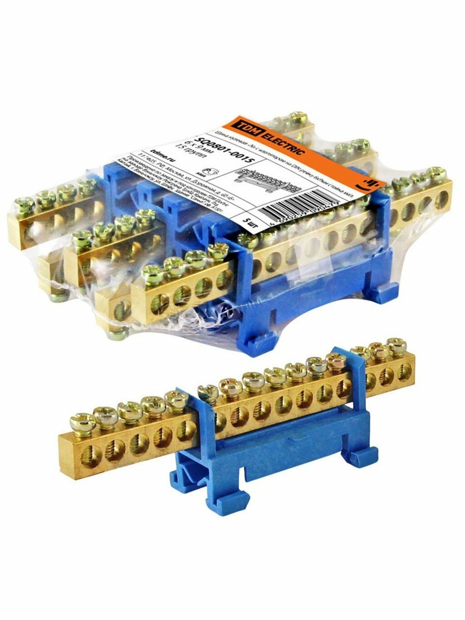 Шина нулевая N TDM Electric SQ0801-0015 с изолятором на DIN-рейку, 15 групп, 6х9 мм, малая стойка для электромонтажа.