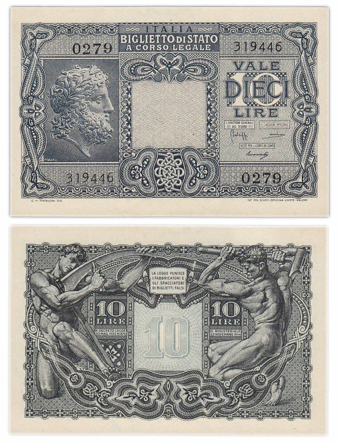 Италия 10 лир 1944