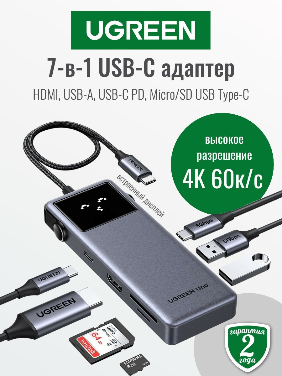 Многофункциональный USB-C разветвитель с картридером и видеовыходом 7в1 UGREEN CM889 (75179) HDMI, 2USB-A, PD, Micro/SD