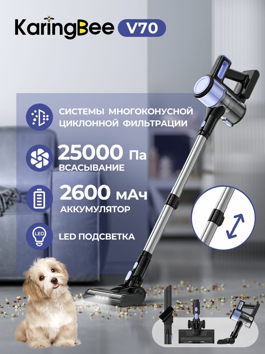 Пылесос для дома вертикальный беспроводной KaringBee V70, с контейнером, мощный, аккумуляторный, ручной с сухой уборкой,3 насадки + LED подсветка