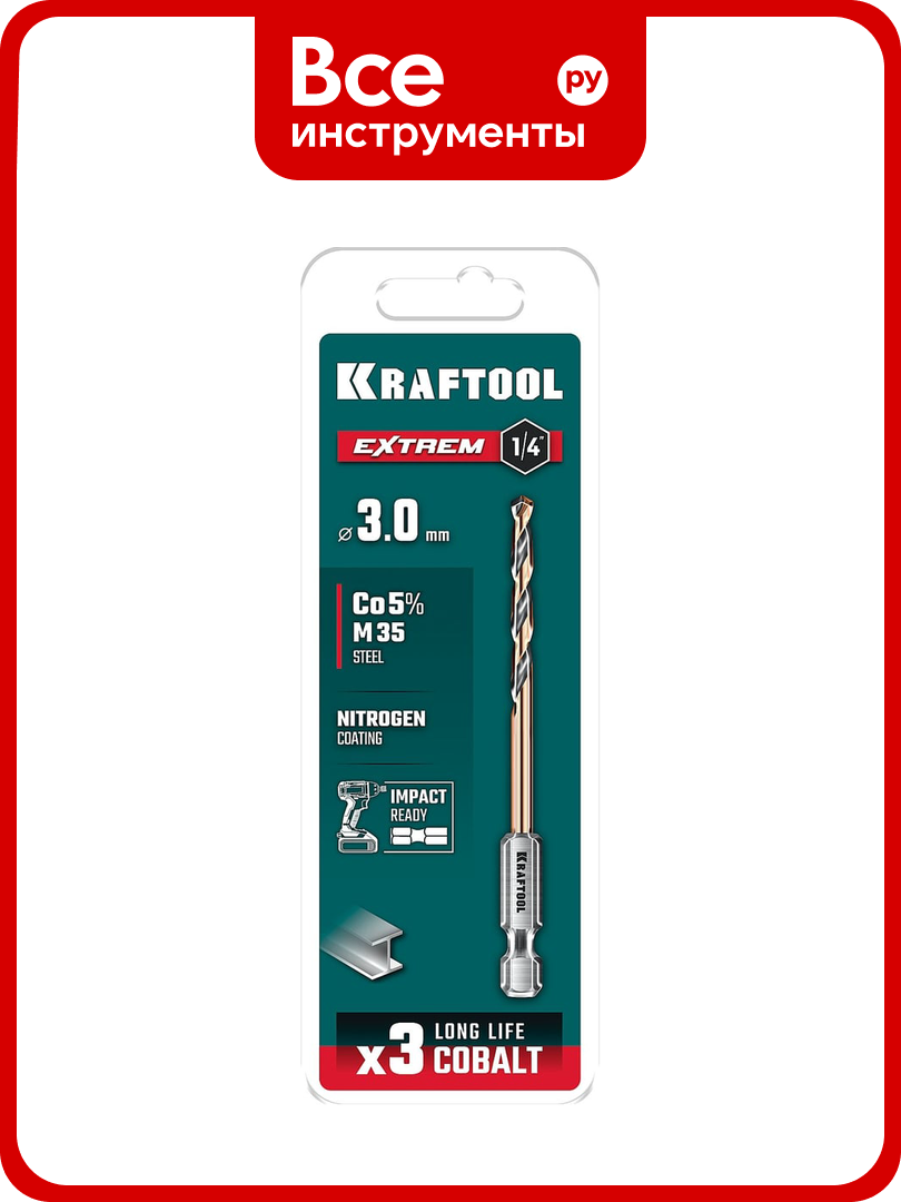 Сверло по металлу для винтовертов и шуруповертов KRAFTOOL Impact Ready НЕХ-1/4,