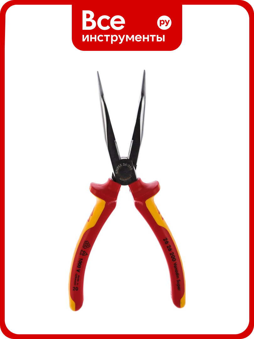 Длинногубцы с резцом KNIPEX KN-2626200 изогнутые губки из стали, двойные рукоятки‑чехлы, диэлектрическое покрытие