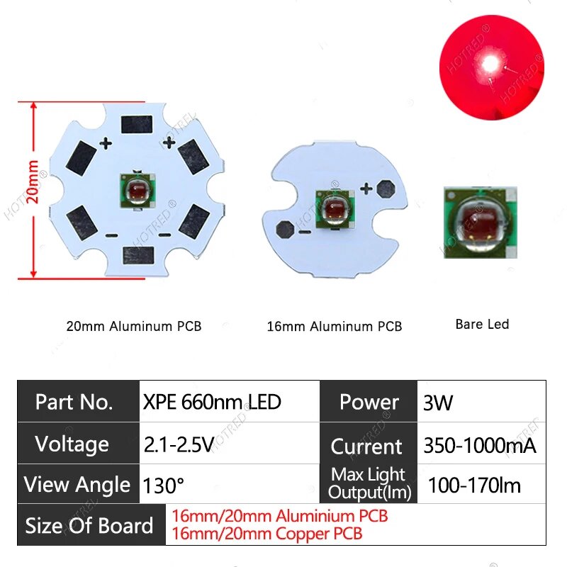 LED XPE-660nm 3W 1PCS 16mm Copper PCB