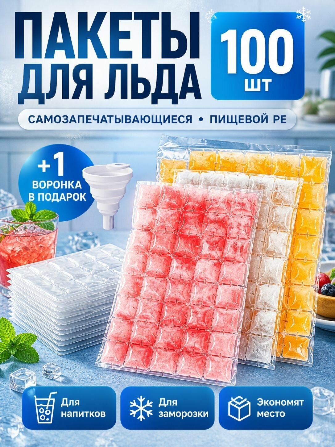 100 пакетов для льда, самозапечатывающиеся, с воронкой. Пищевой РЕ, удобно для летних напитков. — фото 1