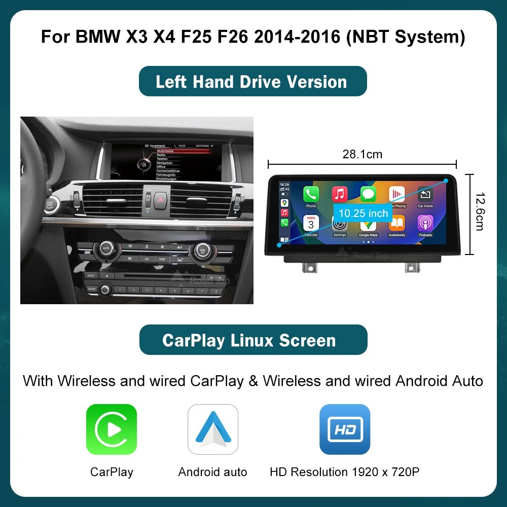 RoadTop 12,3-дюймовый беспроводной мультимедийный сенсорный экран Carplay Linux для 10.25 NBT LHD