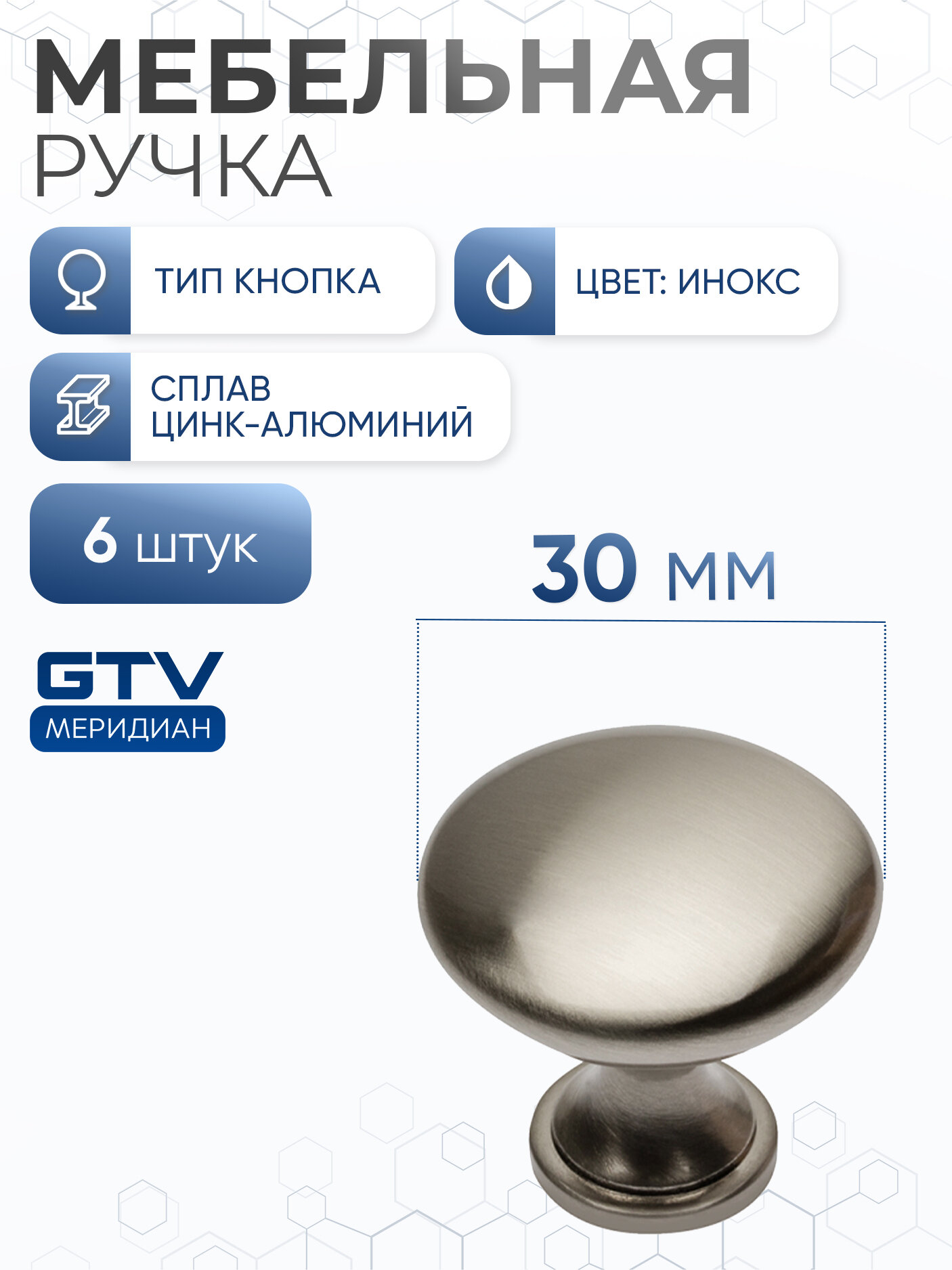 Ручка мебельная кнопка алюминиевая TERNI цвет инокс 6 штук