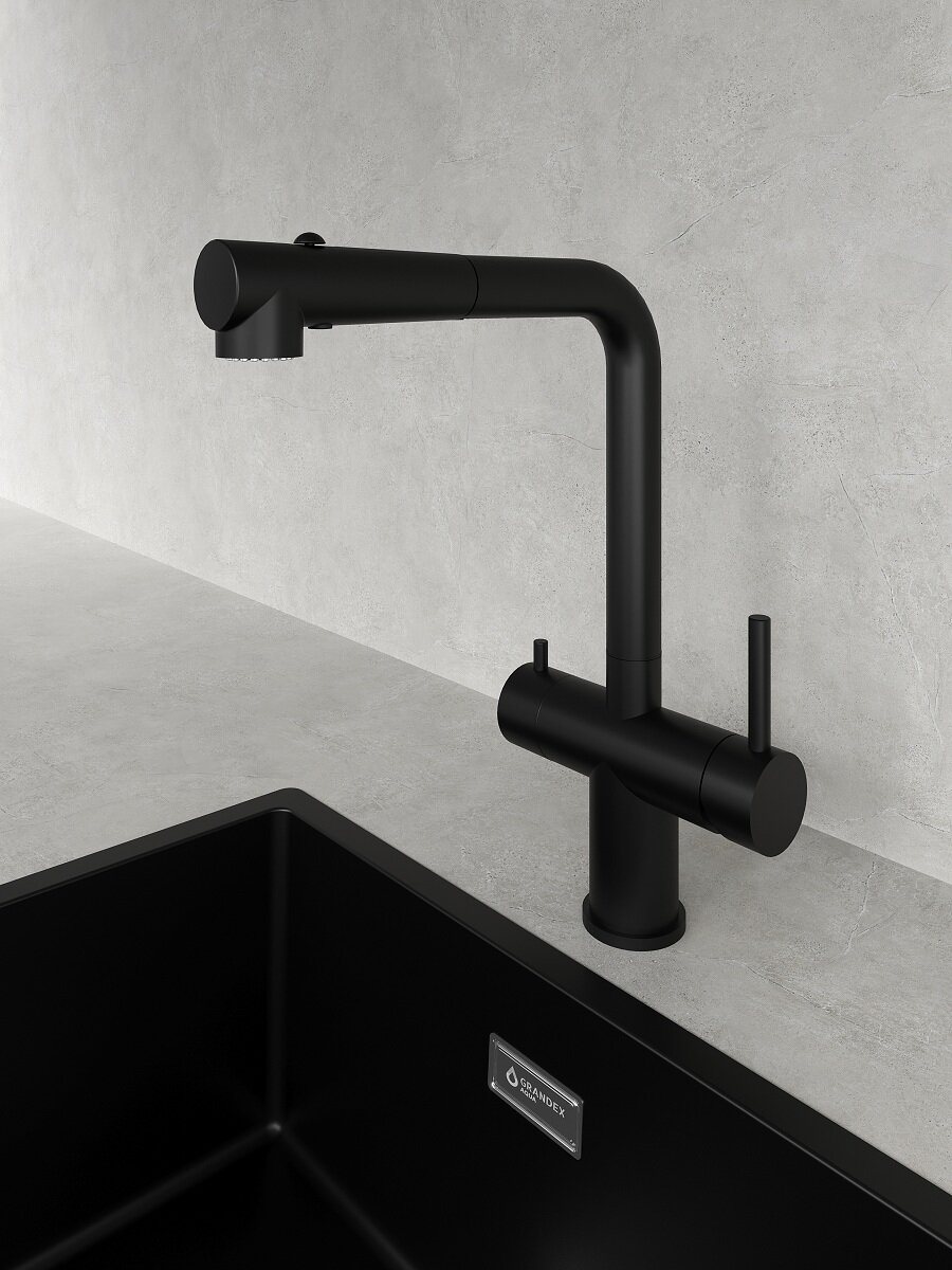 Смеситель для кухни Grandex Aqua Integra-SP Black Metalic (черный) с гибким изливом с фильтром смеситель для раковины