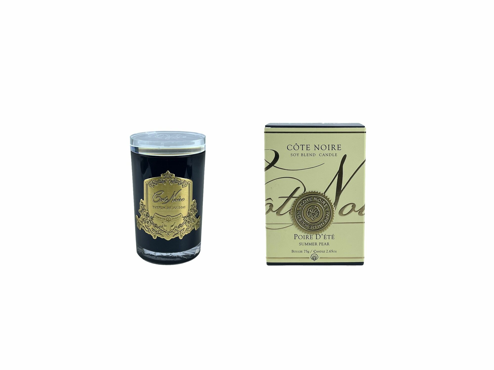 Свеча Cote Noire Poire d'ete Summer Pear 75 гр, черный стаканчик, золотой декор