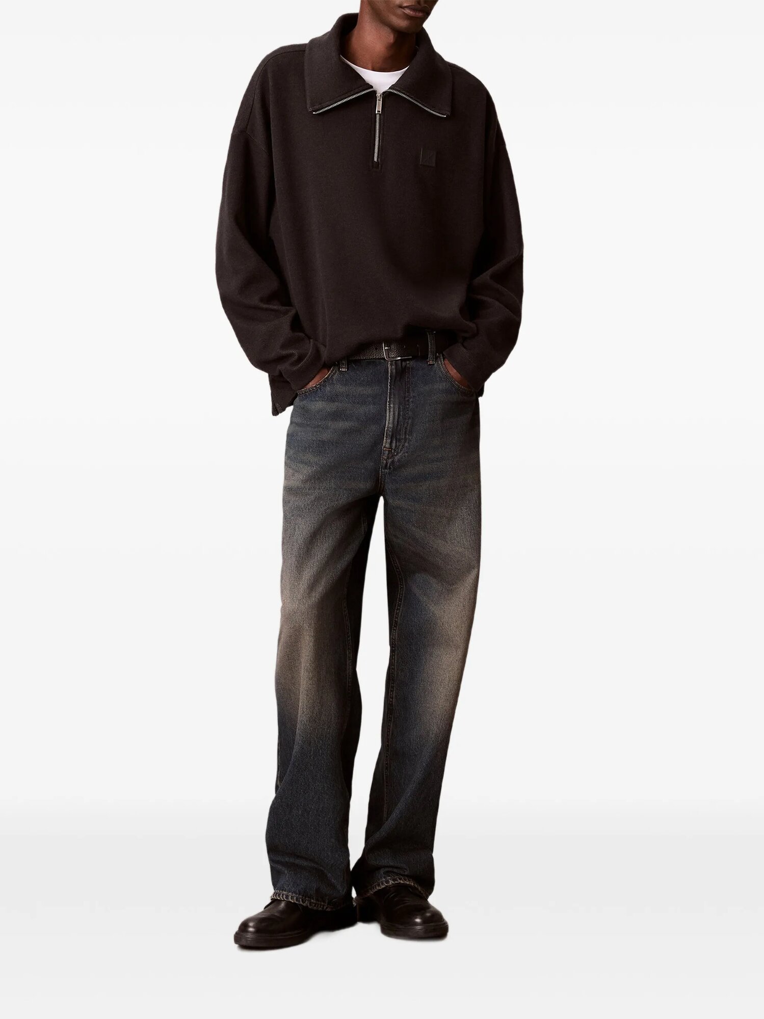 Свитер CALVIN KLEIN Quarter-zip logo-patch sweater, размер 46 EU, , black/black — фото 1