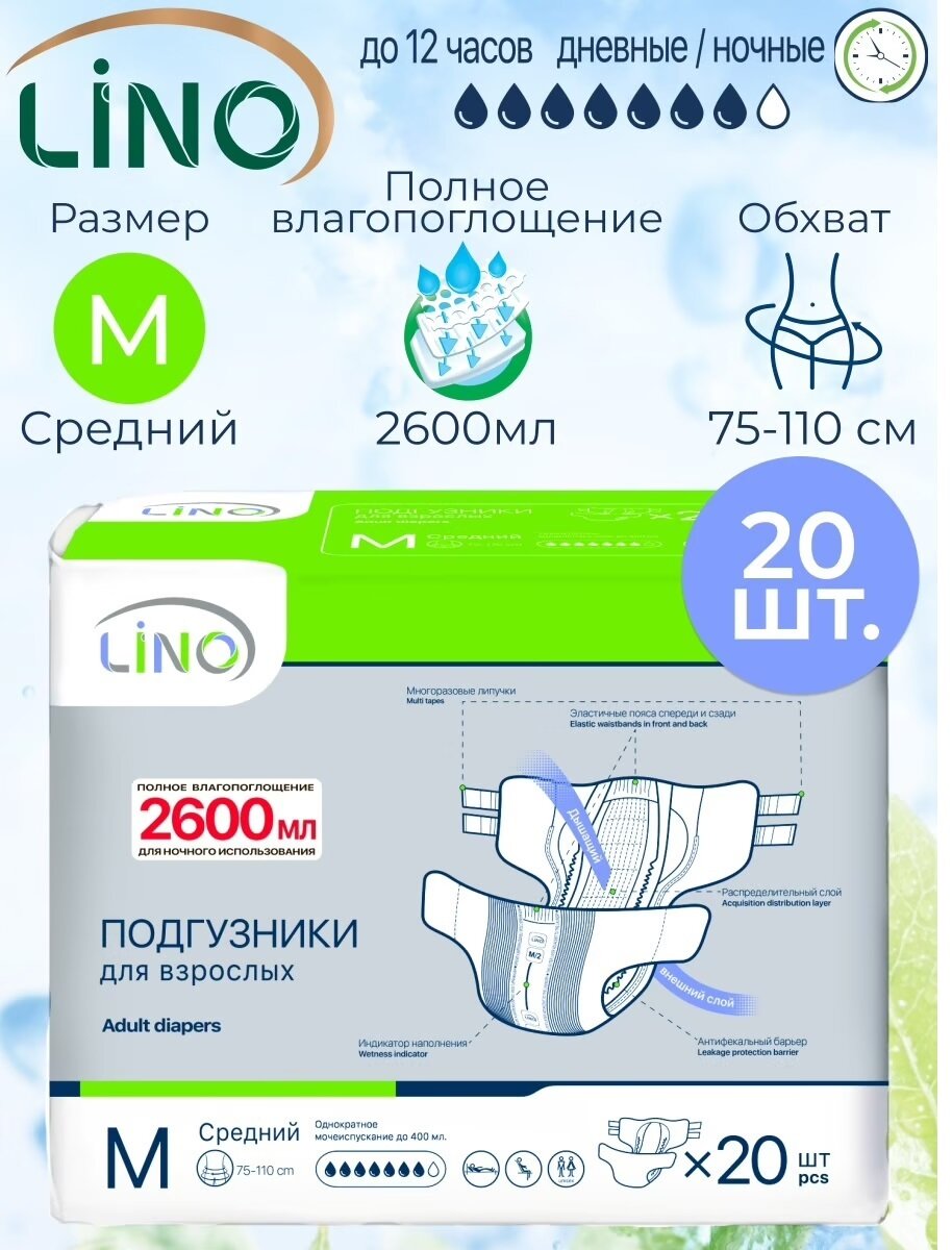 Подгузники для взрослых 20 шт. Размер М (талия 75-110см).+Индикатор заполнения