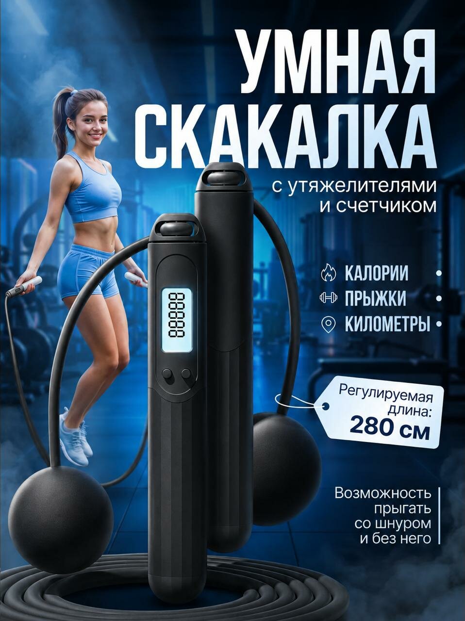 Скакалка с электронным счётчиком и утяжелителями, умная скакалка беспроводная 2в1 для фитнеса, familyandhome