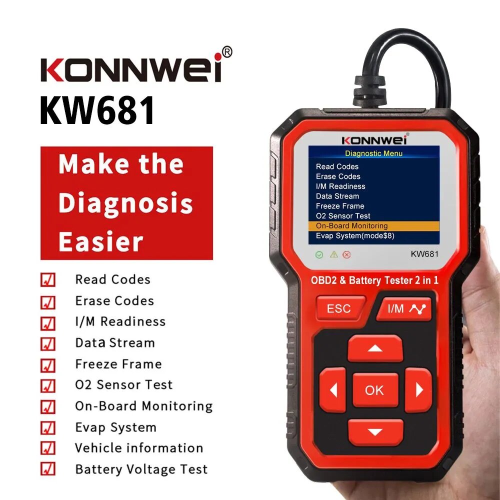 Автосканер диагностический + тестер аккумулятора KONNWEI KW681, OBD2