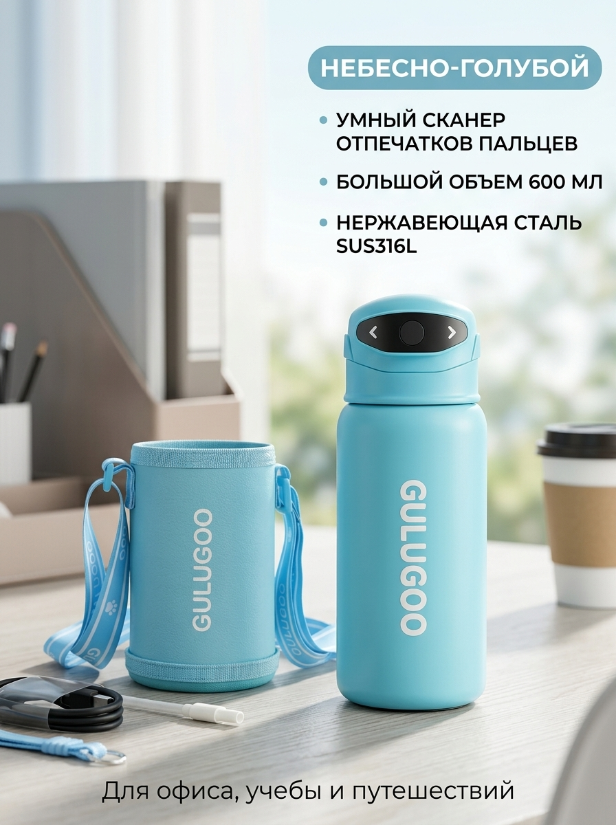 Термокружка 600 мл, сенсорный сканер отпечатков пальцев, корпус из нержавеющей стали 304, внутренняя колба из 316L, цвет «Голубое небо»