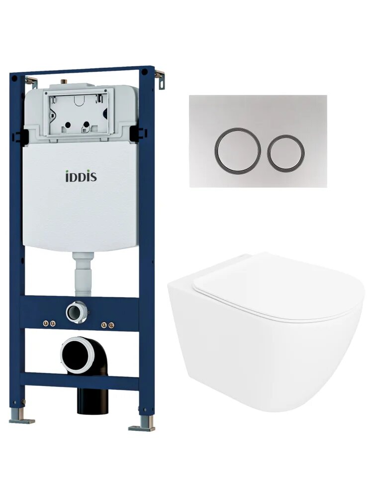 Комплект 4 в 1: Инсталляция IDDIS Профикс (Profix) PRO0000i32 / Унитаз подвесной STWORKI Готланд S13401WH безободковый, с микролифтом / Кнопка Юнификс (Unifix) UNI50M0i77, Комплект креплений