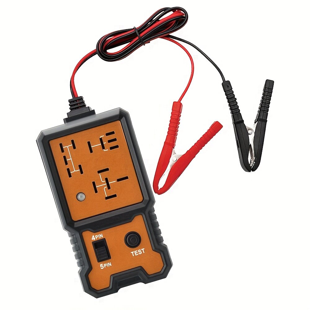 Автоматический тестер реле 12V для 4- и 5-контактных реле с зажимами для аккумулятора, оранжевый