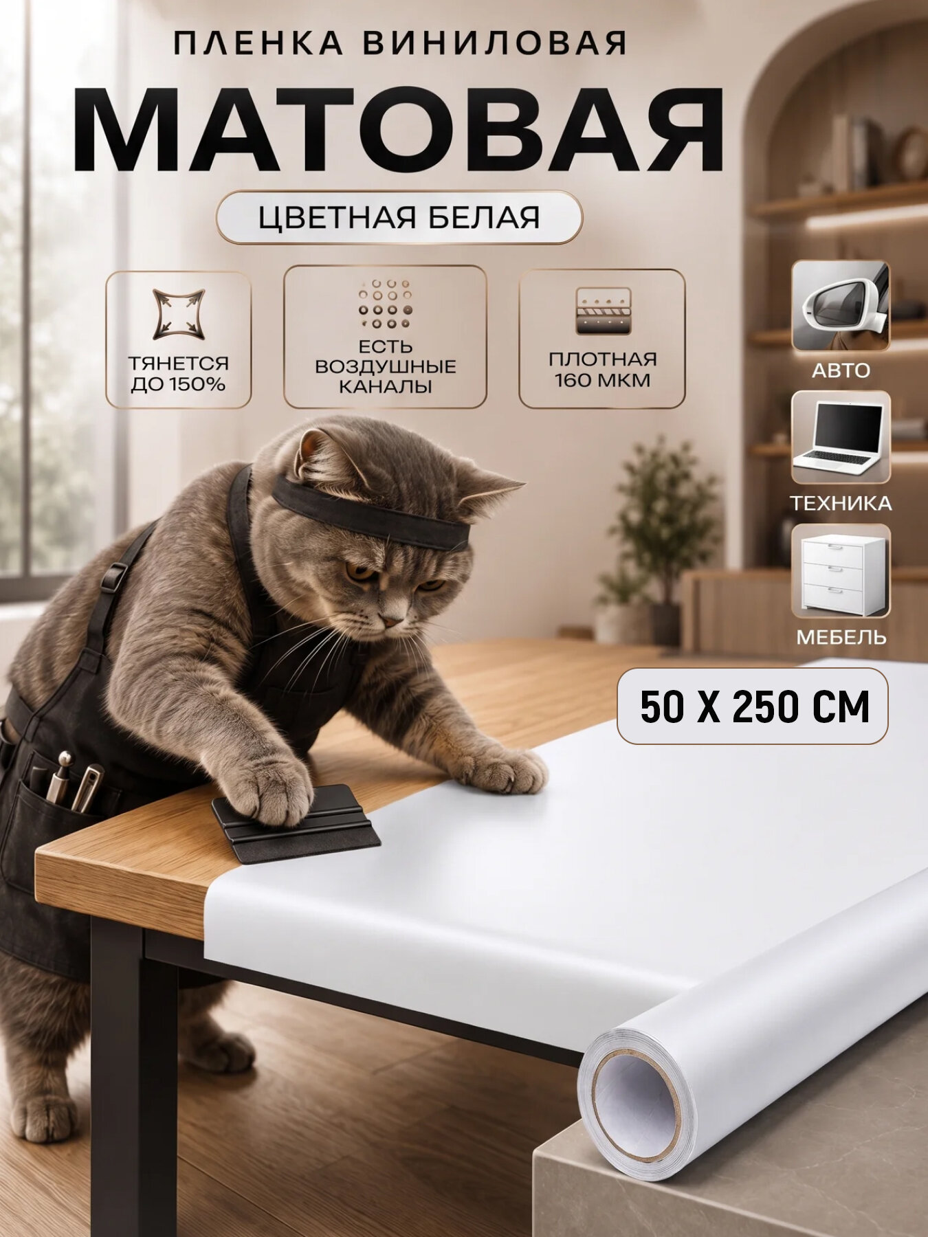 Пленка самоклеющаяся для мебели Reton Group белая матовая, декоративная пленка для интерьера, 50х250 см