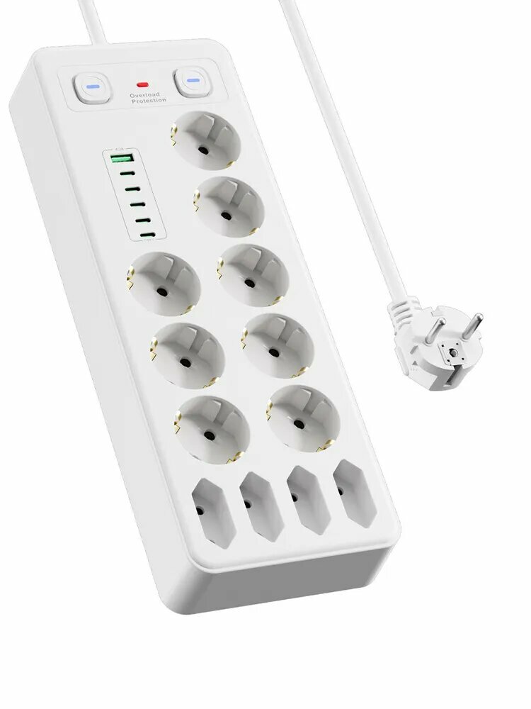 Сетевой фильтр KINGLINK 18-в-1 12 розеток EU + 6 USB (5 USB-C) C Кабель 1.8м 2500Вт