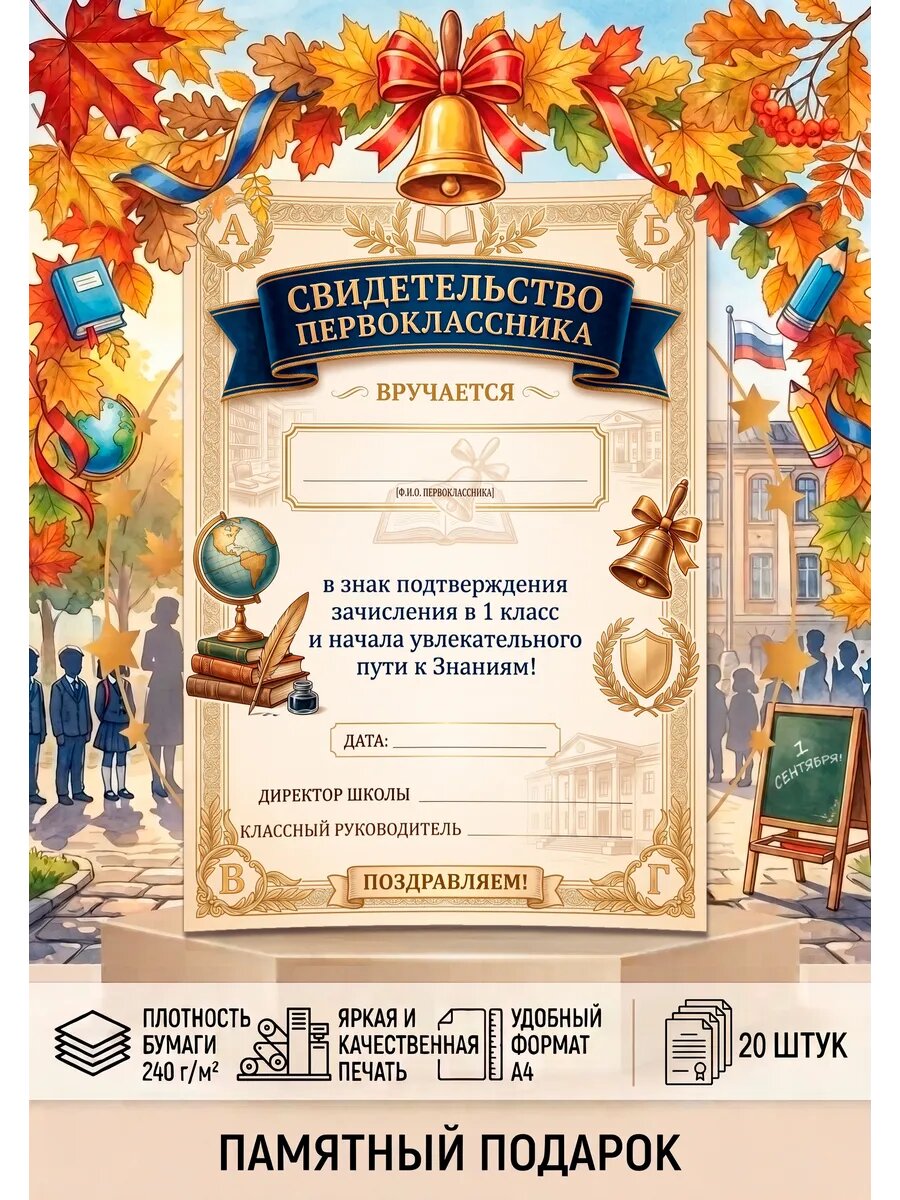 Свидетельство первоклассника на 1 сентября 20шт.