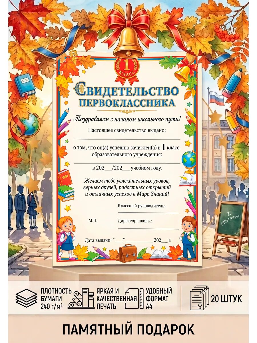 Свидетельство первоклассника на 1 сентября 20шт.