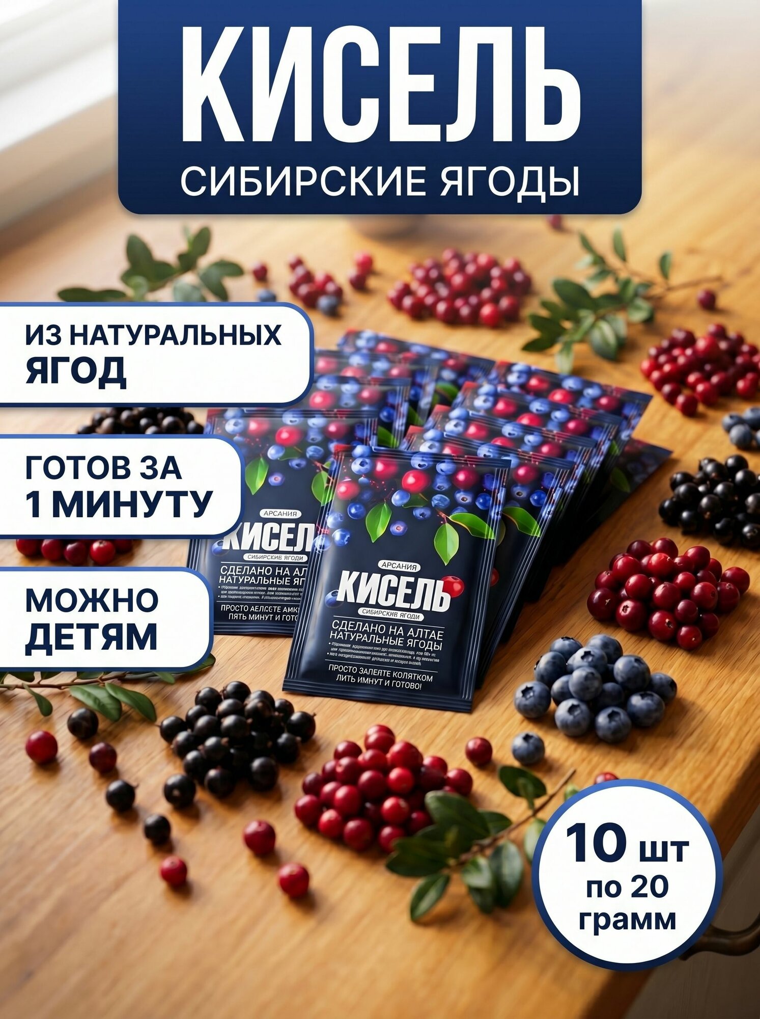 Кисель Сибирские ягоды 10 саше по 20 грамм быстрорастворимый