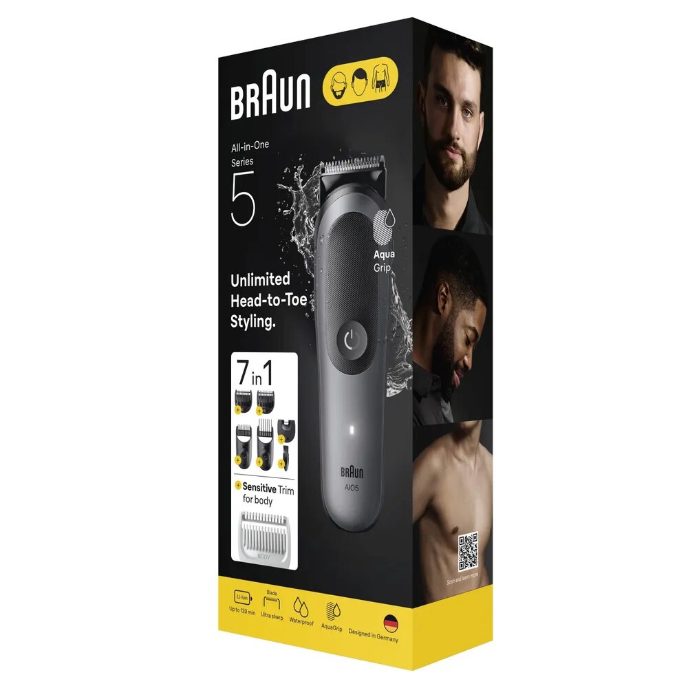 Триммер для стрижки бороды и тела Braun AIO5520 Series 5, серый, самозатачивающийся