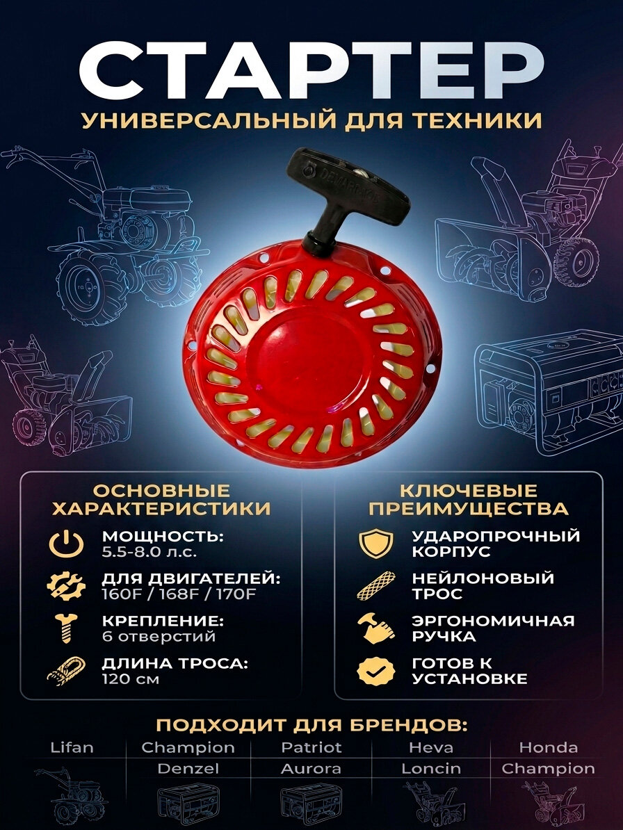 Стартер на мотоблок, культиватор, генератор 160-170F / GX160-GX200 (5.5-8.0 л/с,)